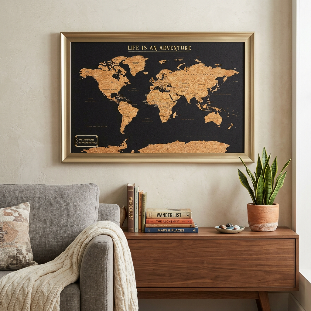 Black World Travel Map with Gold Frame | Splosh Pin Map