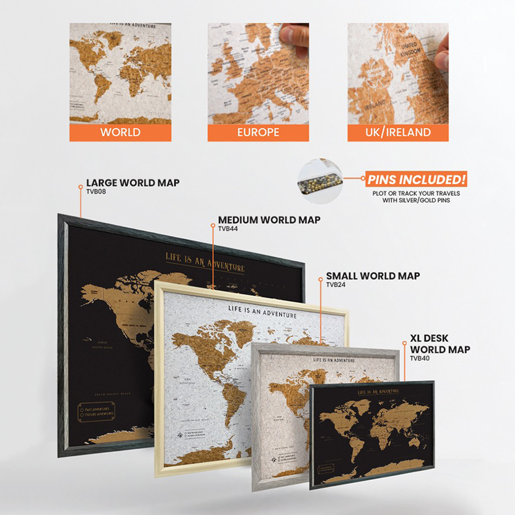 Black World Travel Map with Gold Frame | Splosh Pin Map